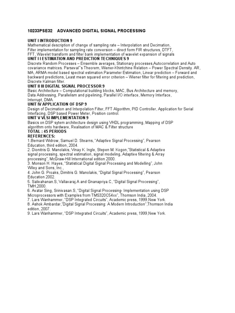 10233pse32 Advanced Digital Signal Processing: Unit I Introduction 9 ...