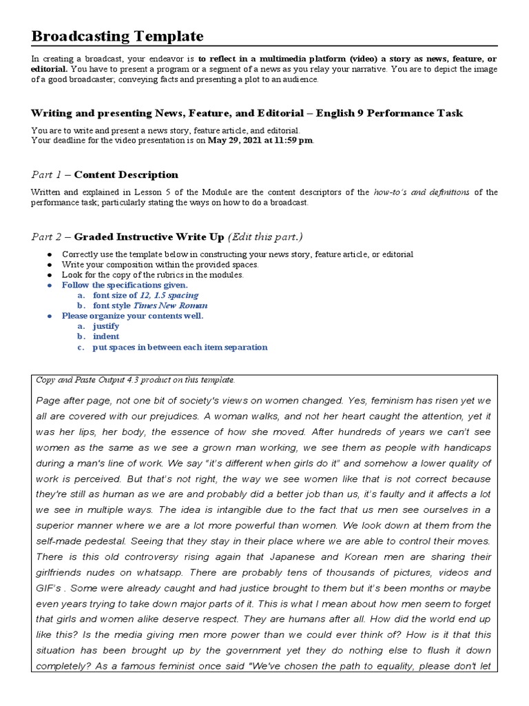 Xavier Malavega Cipriano - Broadcasting Performance Task Template | PDF ...