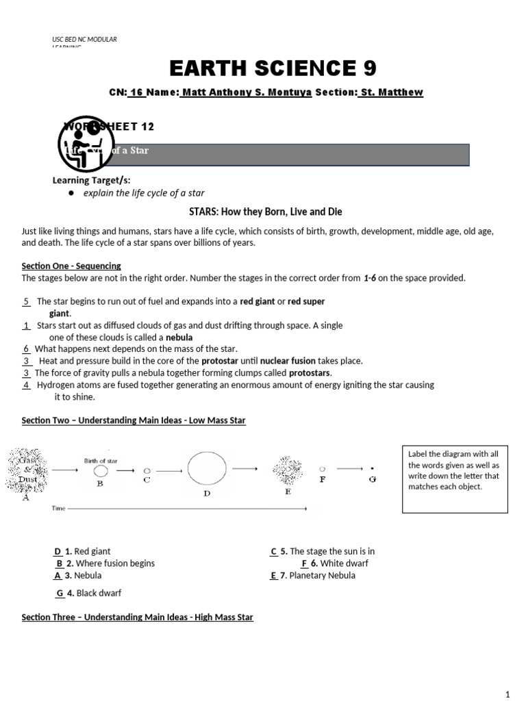 Earth Science 9: Worksheet 12 | PDF | Stars | Nebula