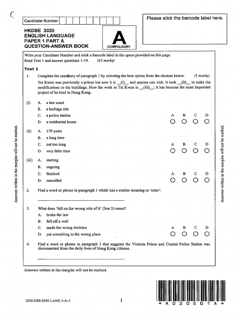 2020 HKDSE Paper 1 Part A (QAB) | PDF