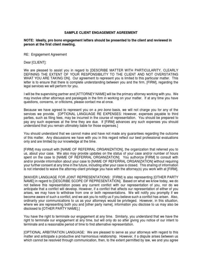 Pro Bono Engagement Letter | PDF | Attorney–Client Privilege | Mail