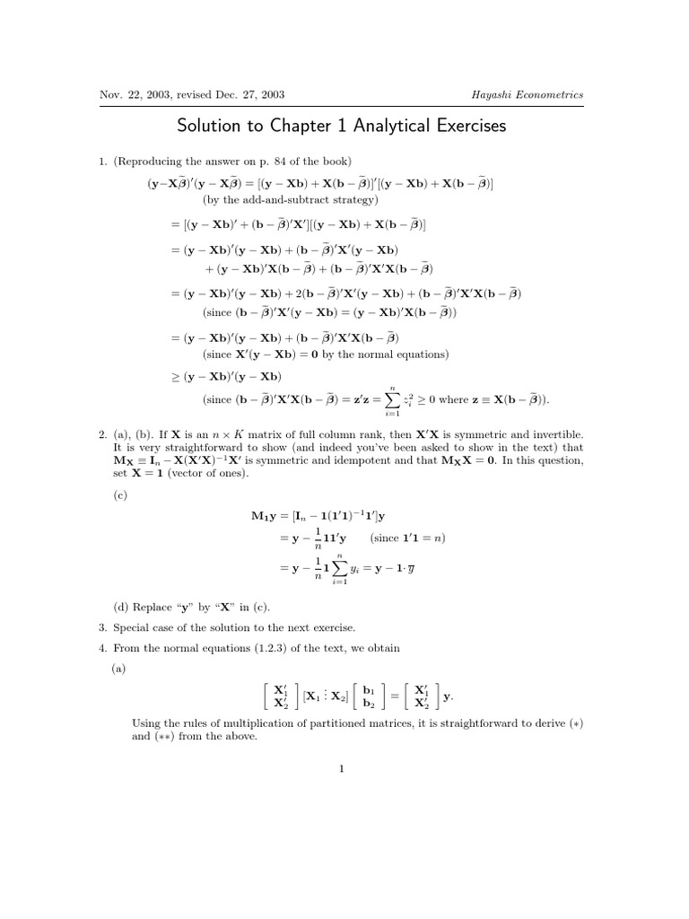 Econometrics - Fumio Hayashi (Solutions Analytical) | PDF | Ordinary ...