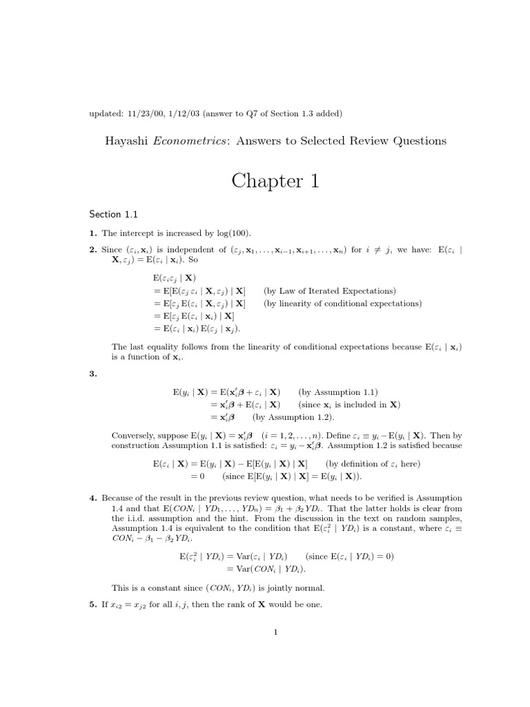 Hayashi Econometrics: Answers to Selected Review Questions from Chapter 1 | PDF | Ordinary Least ...