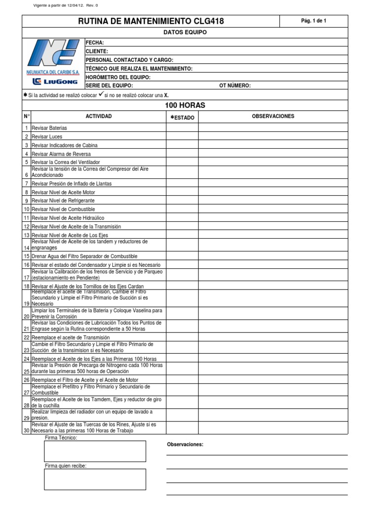 Rutina de Mantenimiento CLG 418 100H | PDF | Aceite de motor | Ingeniería mecánica