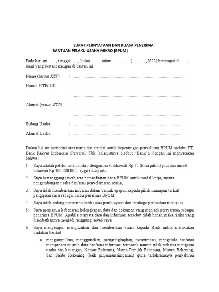 Contoh Surat Pernyataan BLT BPUM UMKM | PDF