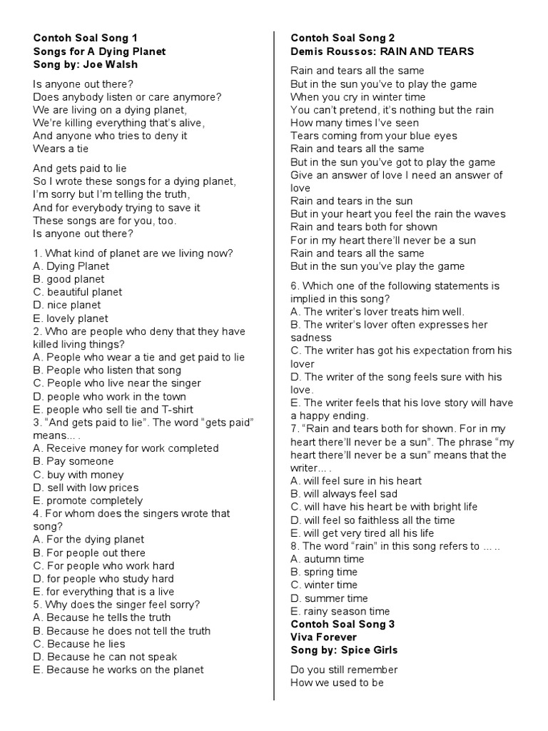 Contoh Soal Song 1 Songs For A Dying Planet Song By: Joe Walsh Contoh ...