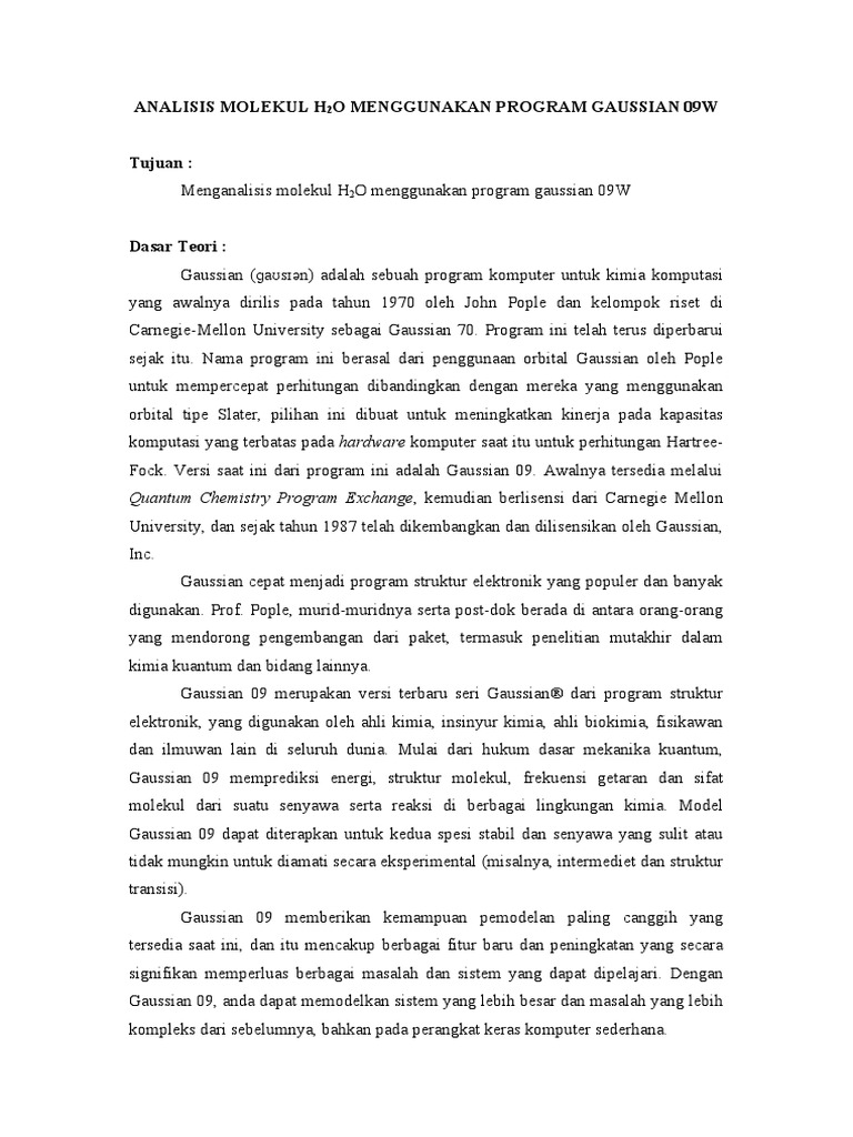 Salma ANALISIS MOLEKUL H2O MENGGUNAKAN PROGRAM GAUSSIAN 09W | PDF