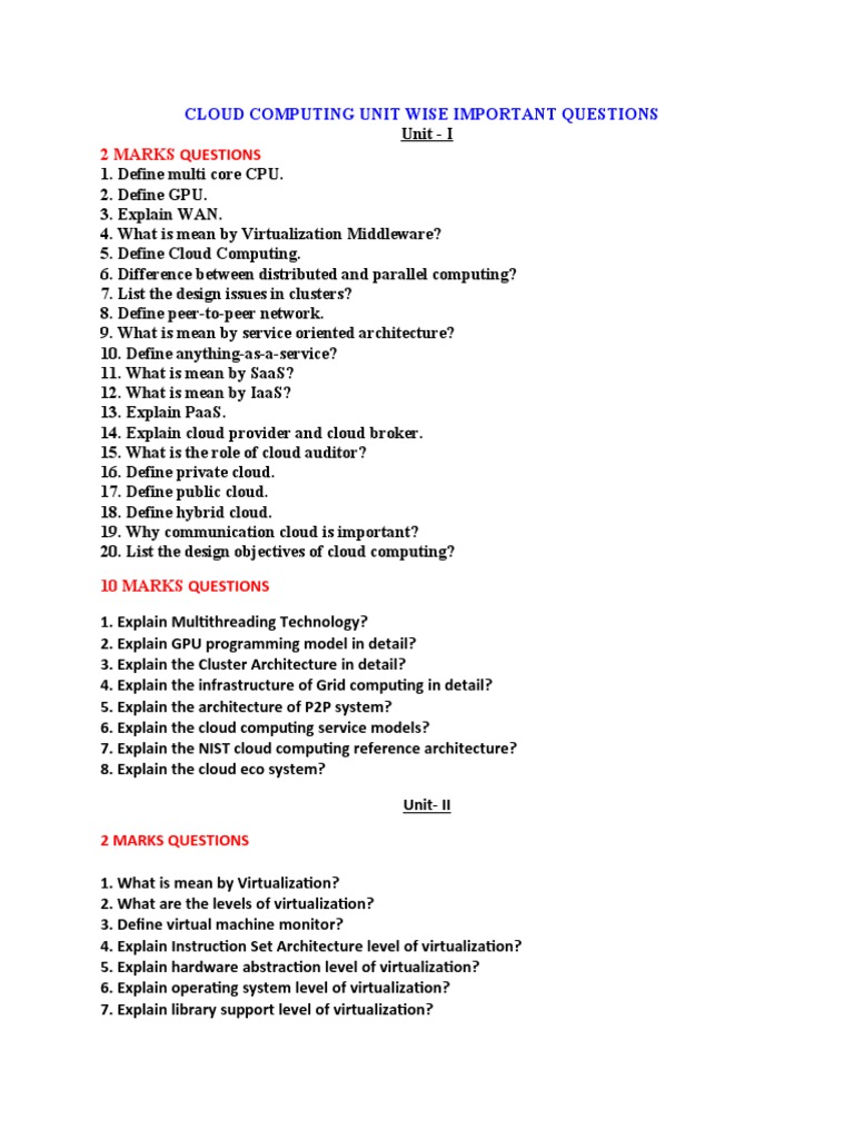 Cloud Computing Important Questions | PDF | Virtualization | Cloud Computing