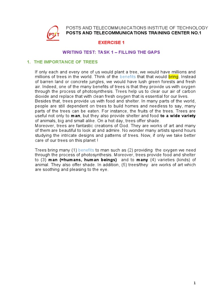 The Importance of Trees: Writing Test: Task 1 - Filling The Gaps | PDF ...