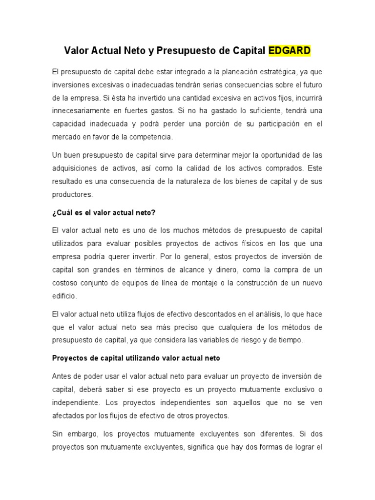 Valor Actual Neto y Presupuesto de Capital - Exposición Gerencia Financiera | PDF | Tasa interna ...