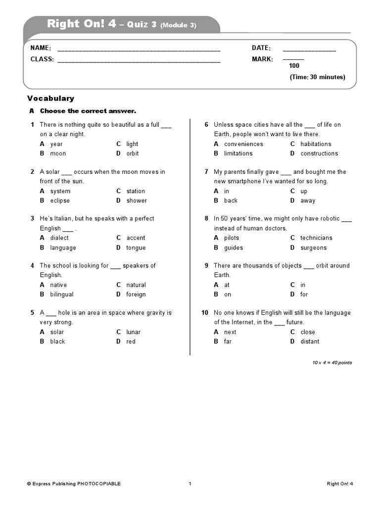 Right On! 4: - Quiz 3 | PDF | Moon | Eclipse