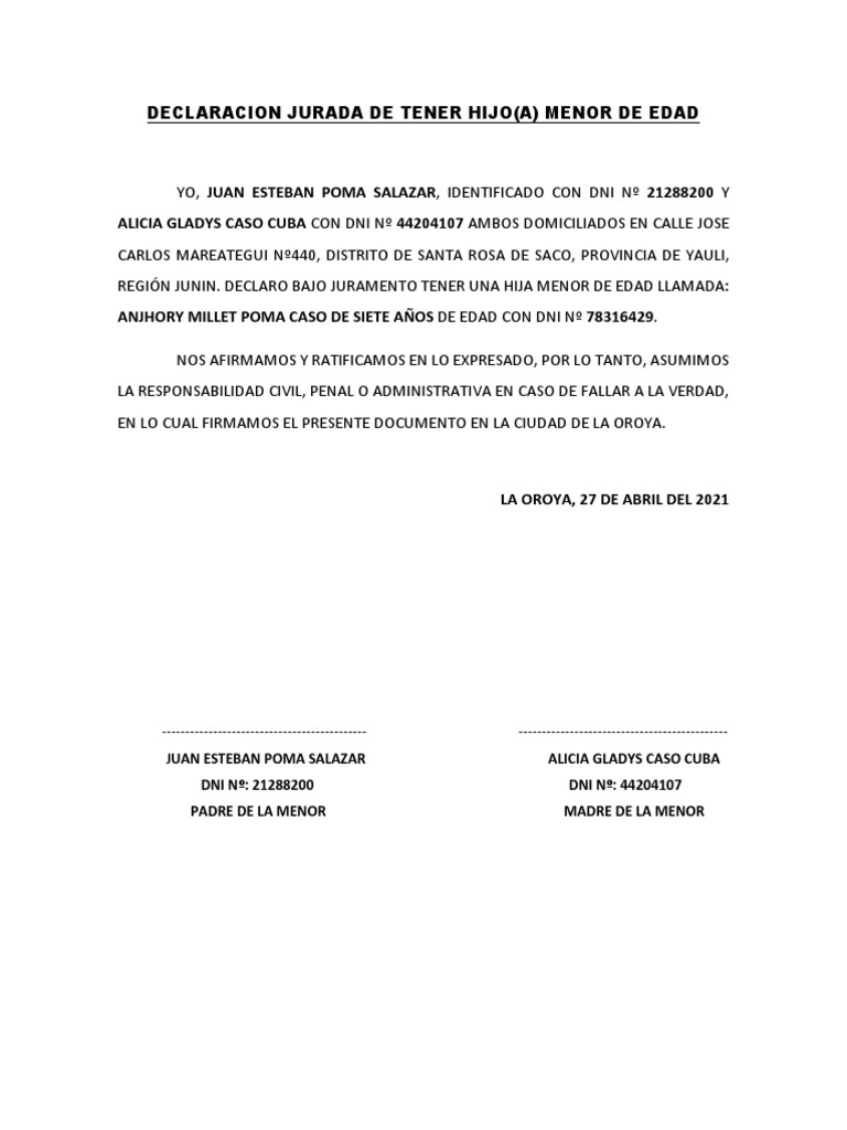 Declaracion Jurada de Tener Hijo | PDF