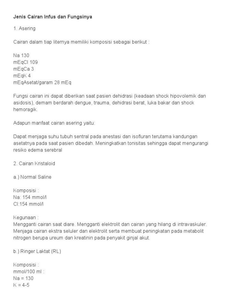 Jenis Cairan Infus Dan Fungsinya | PDF