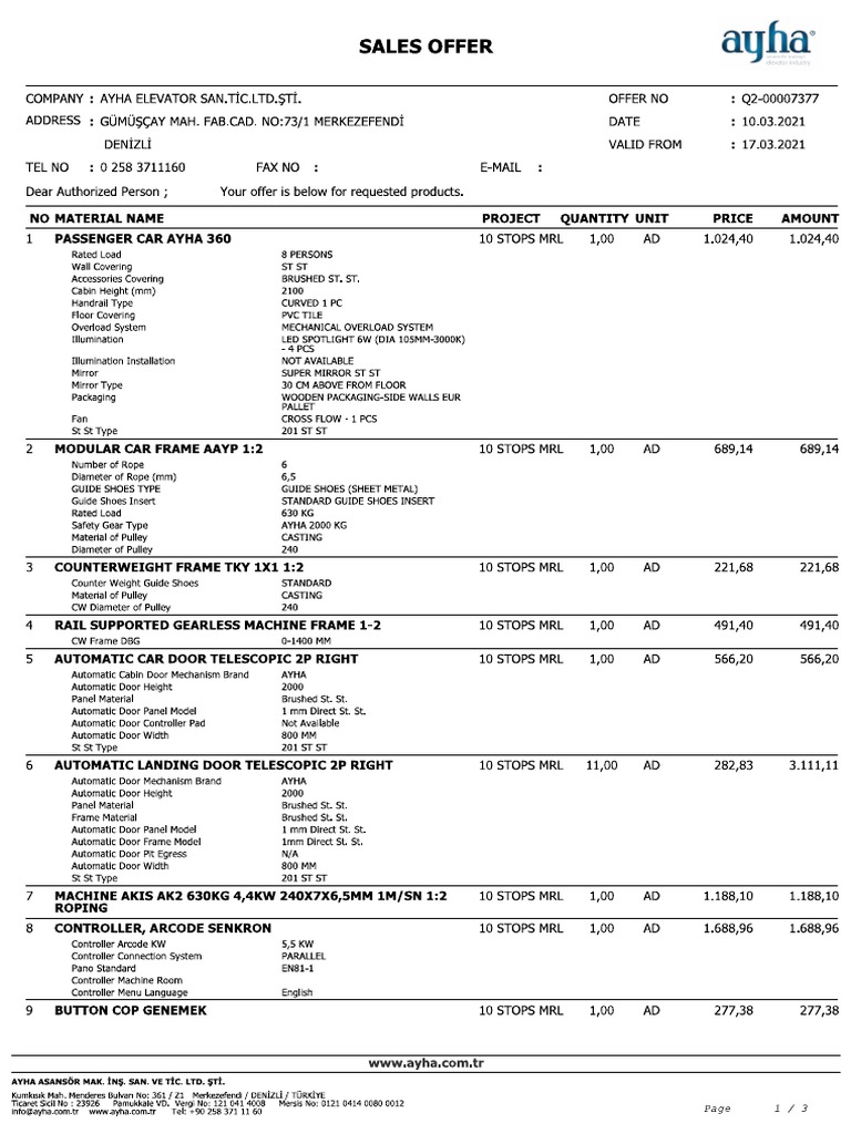 7377 Ayha Elevator Proposal | PDF