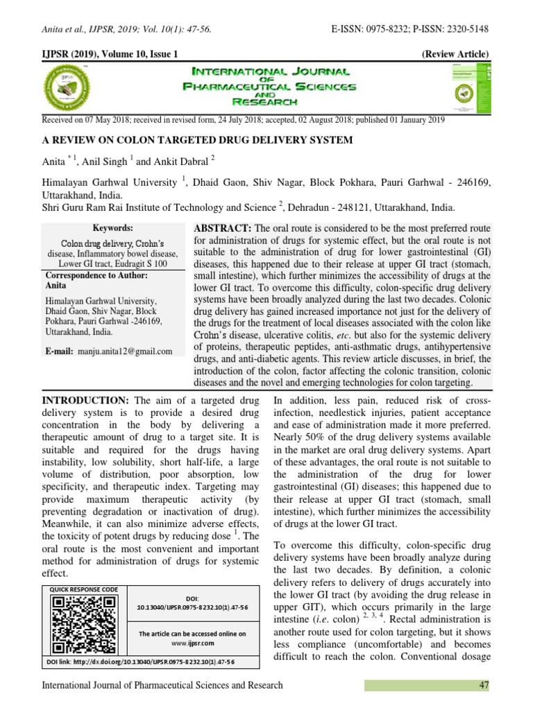 A Review On Colon Targeted Drug Delivery System: IJPSR (2019), Volume ...