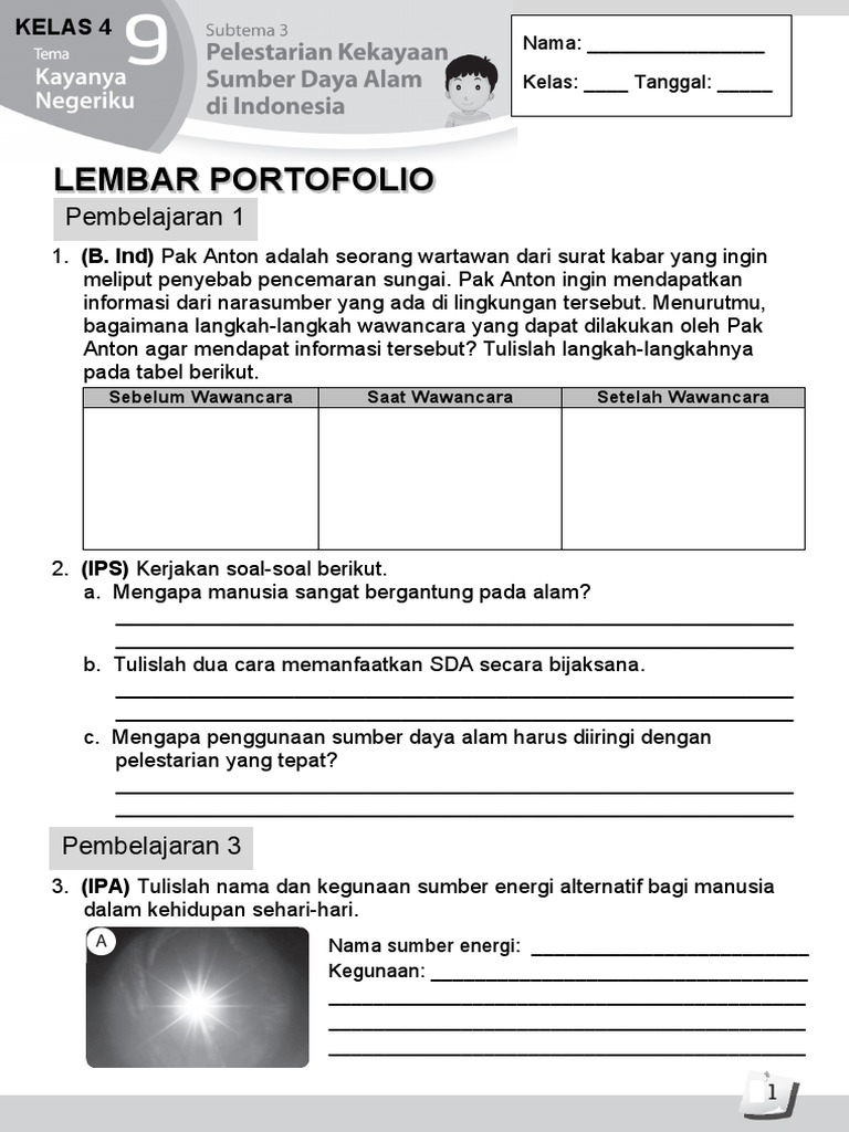 Lembar Portofolio Bupena 4d Tema 9 Sub 3 | PDF