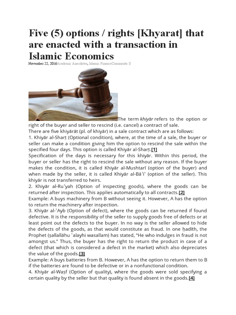 Five Types of Khiyar in Buyu' | PDF | Option (Finance) | Sales