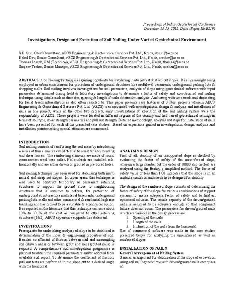 Investigations, Design and Execution of Soil Nailing Under Varied ...
