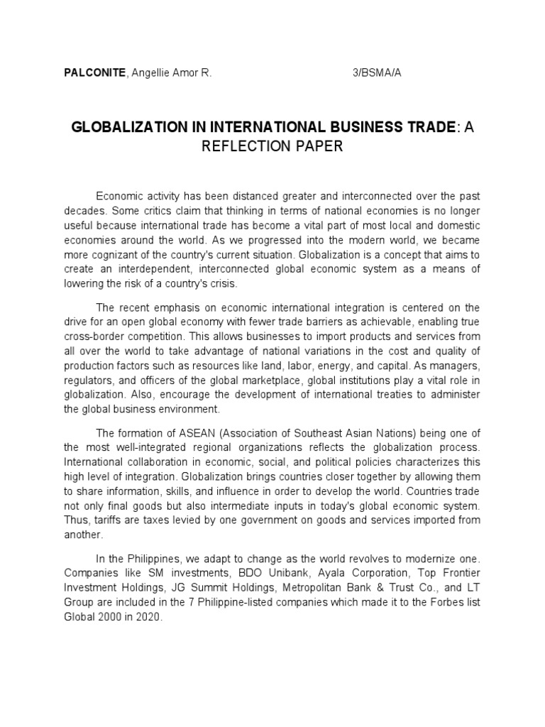 Globalization in International Business Trade: A: Reflection Paper ...