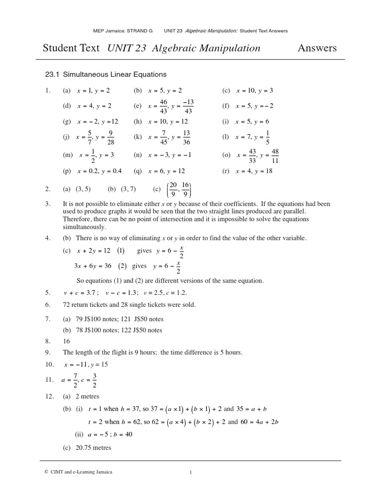 Student Text Answers: UNIT 23 Algebraic Manipulation | PDF | Equations ...