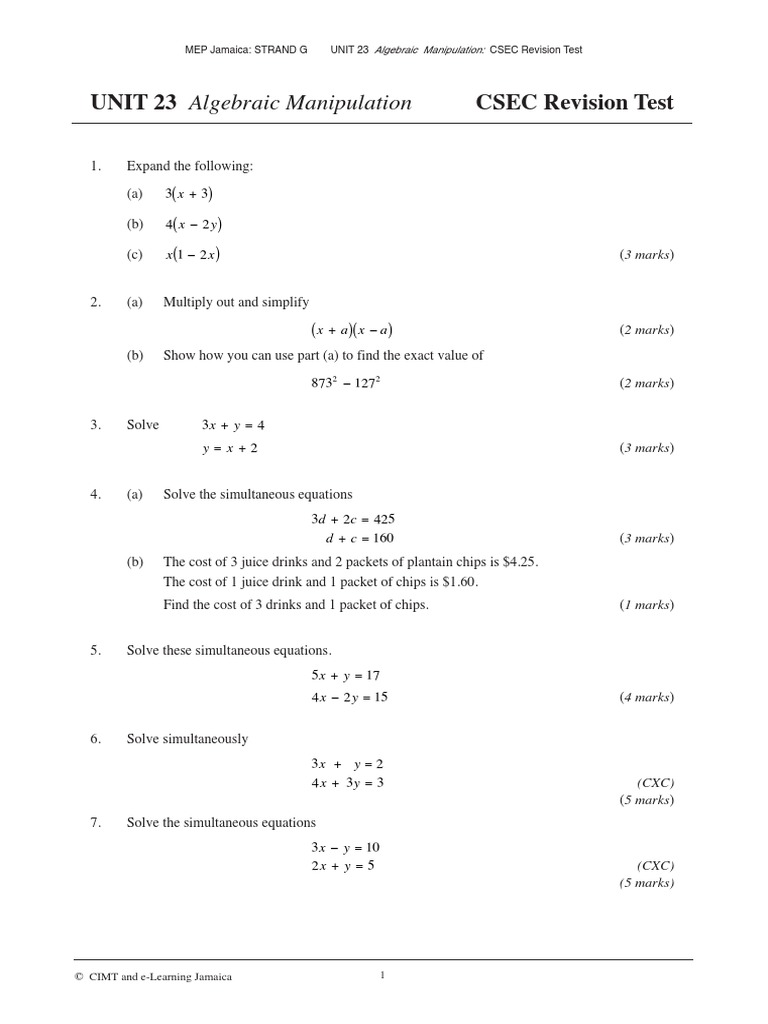UNIT 23 Algebraic Manipulation CSEC Revision Test: X X y X X | PDF ...