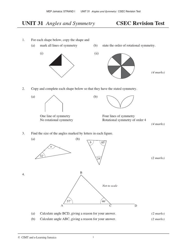 UNIT 31 Angles and Symmetry CSEC Revision Test | PDF | Angle ...