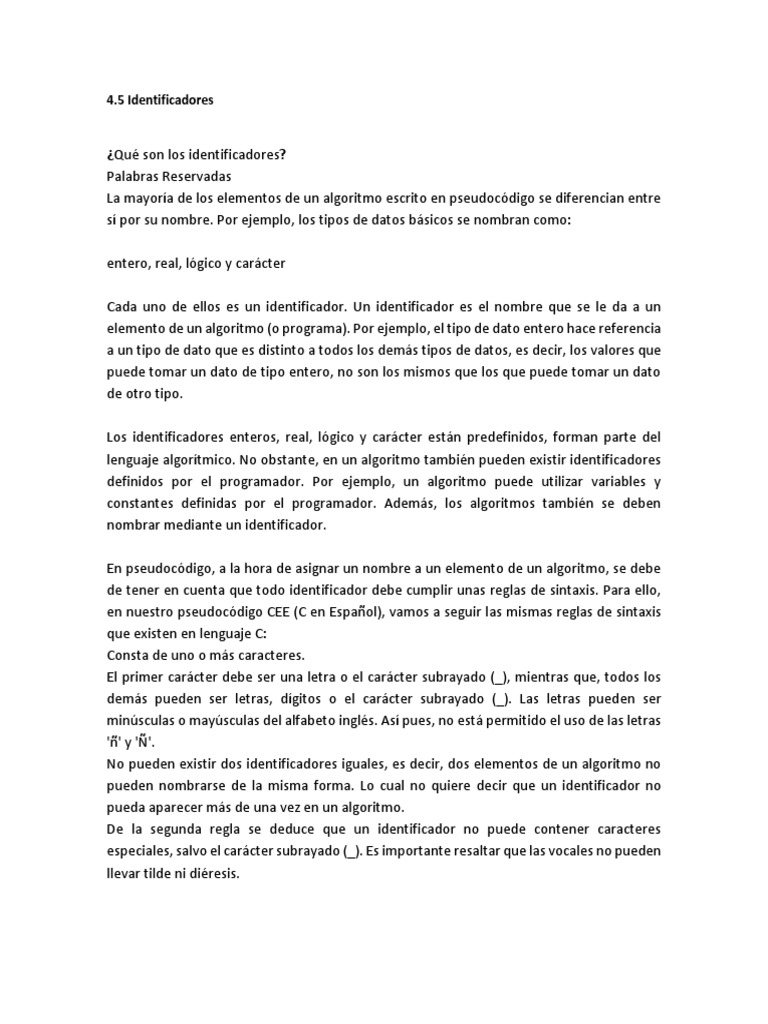 Reglas y Ejemplos de Identificadores | PDF | Algoritmos | Tipo de datos