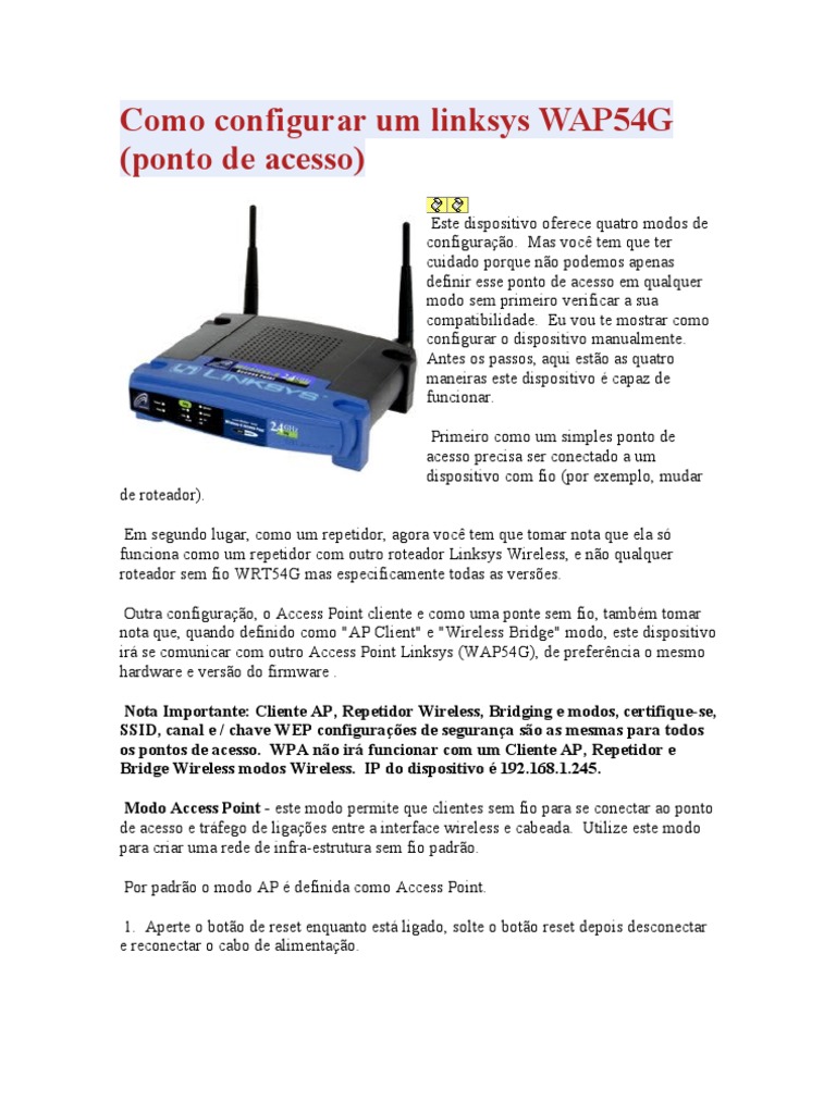 Como Configurar Um Linksys WAP54G | PDF | Sem fio | Rede sem fio