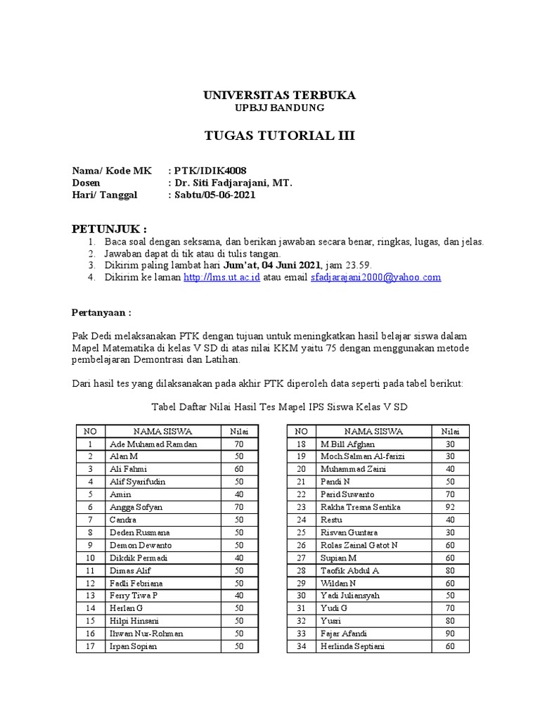 Naskah Soal TT3 IDIK4008 PTK 2021.1 Tasikmalaya | PDF