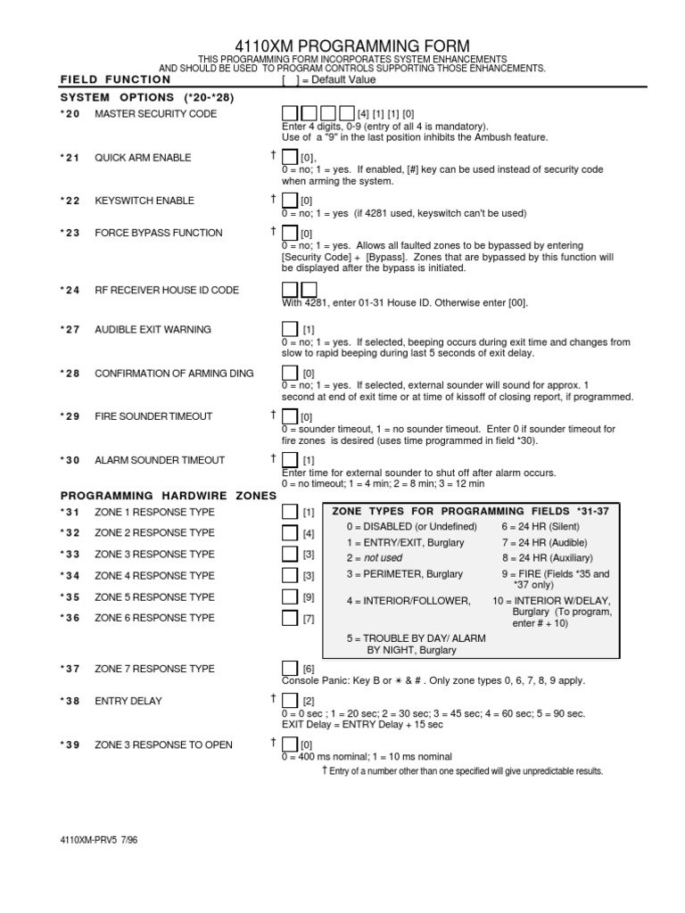 4110Xm Programming Form: Fieldfunction SYSTEM OPTIONS ( 20 - 28) | PDF ...