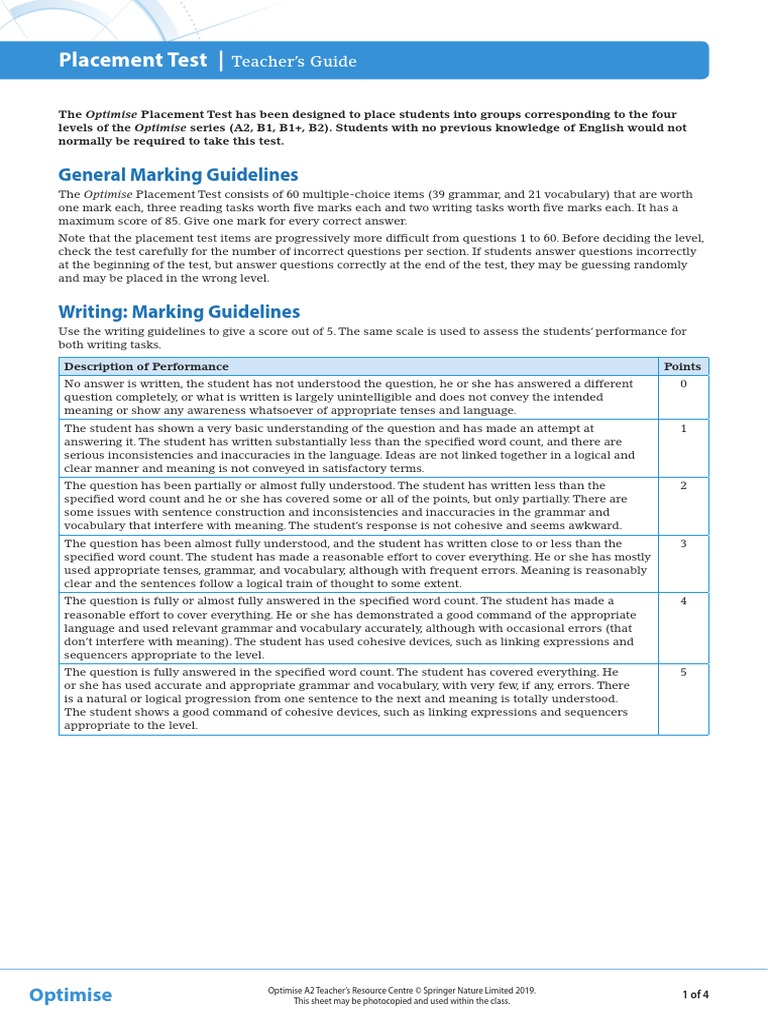 Placement Test - : General Marking Guidelines | PDF | Verb | Grammar
