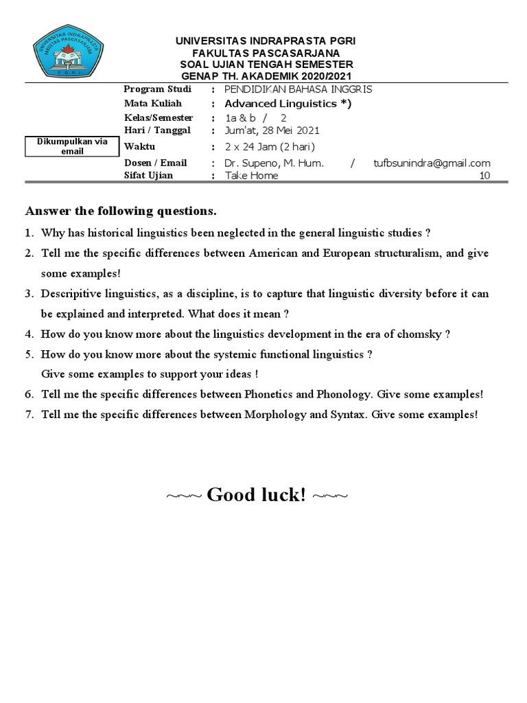 Good Luck! : Answer The Following Questions | PDF