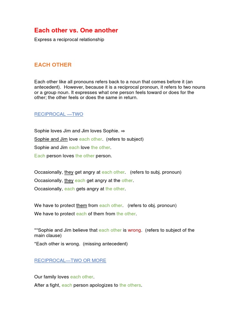 Each Other vs. One Another Explained | PDF | Grammatical Number | Plural