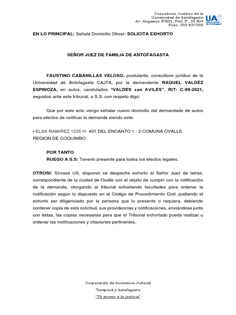 Solicitud de Exhorto y Nuevo Domicilio | PDF | Derecho