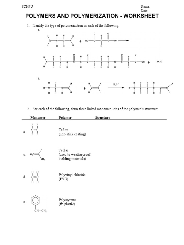 Polymers and Polymerization Worksheet | PDF