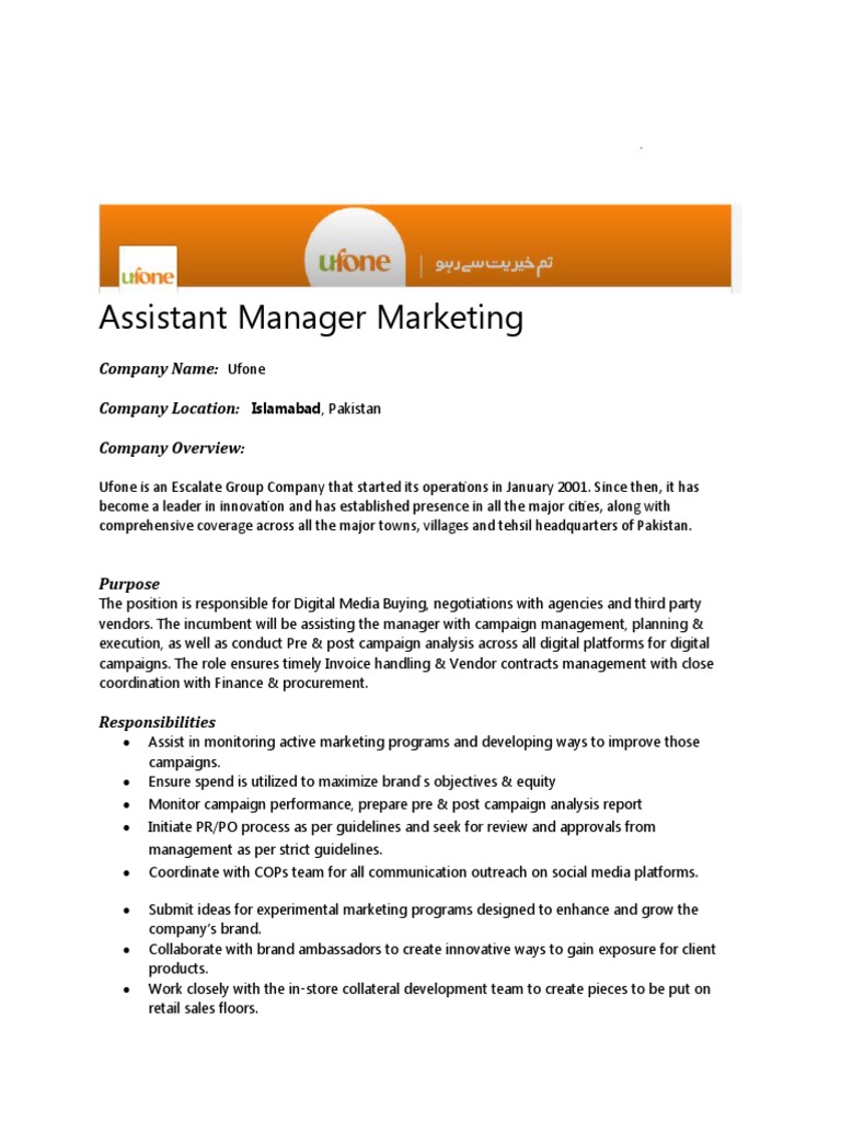 Assistant Manager Marketing: Company Name: Company Location: Company ...