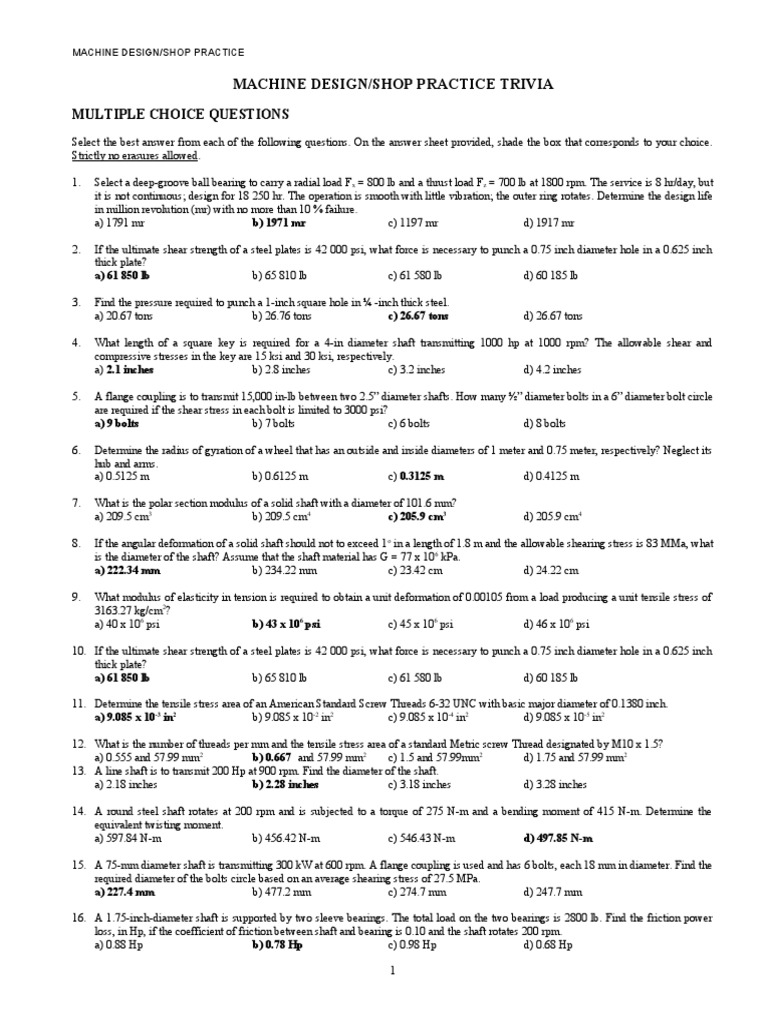 Machine Design/Shop Practice Trivia: Multiple Choice Questions | PDF ...