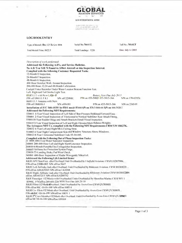 Log Book Entr Y: T) PC Ül"Aircrafl: Bae.125 Series 801la | Download ...