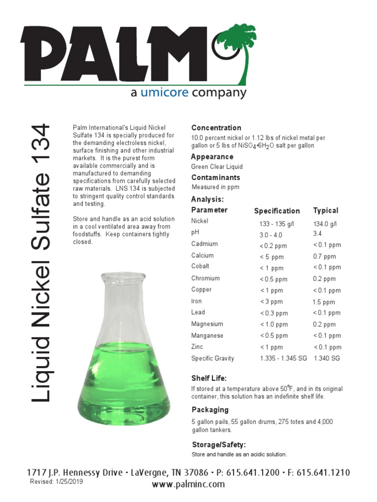 Nickel Sulfate-Liquid 134 | PDF | Nickel | Shelf Life