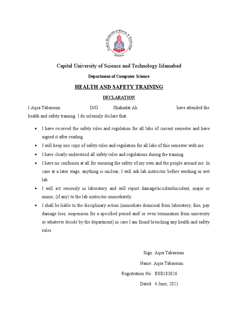 Health and Safety Training Declaration for Computer Science ...