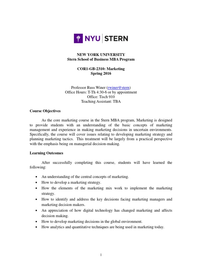 New York University Stern School of Business MBA Program COR1-GB-2310 ...