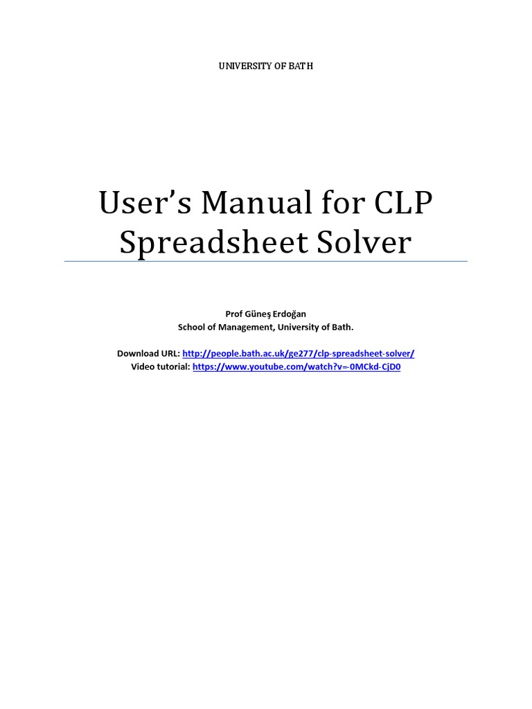 User's Manual For CLP Spreadsheet Solver: University of Bath | PDF ...