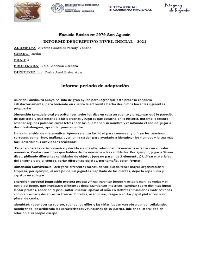 INFORME DESCRIPTIVO INICIAL Jardín | PDF | Lidia | Cuentos