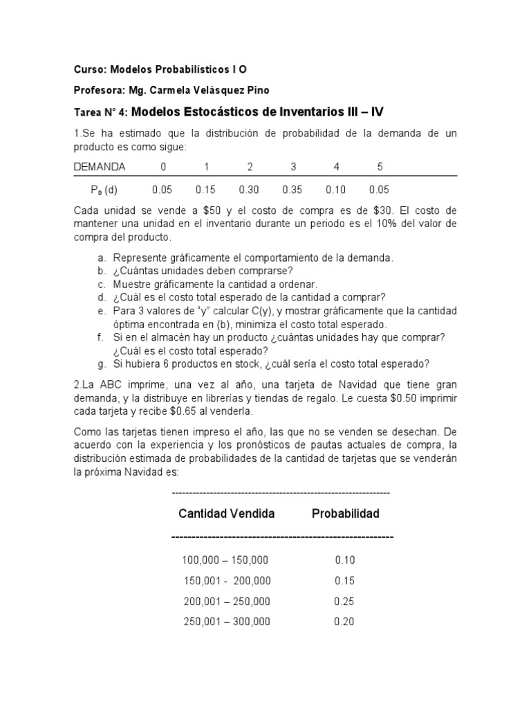 Tarea #4 - Modelos Estocásticos de Inventarios III - IV | PDF | Probabilidad | Science
