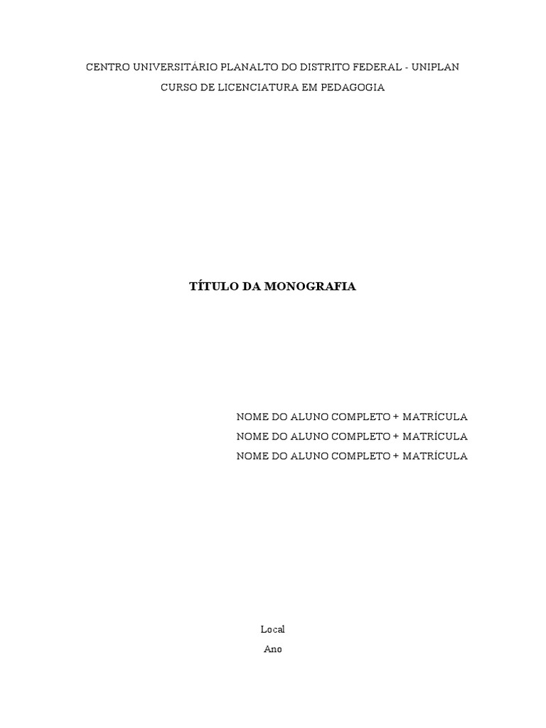 Modelo de Capa - TCC Pedagogia Uniplan | PDF