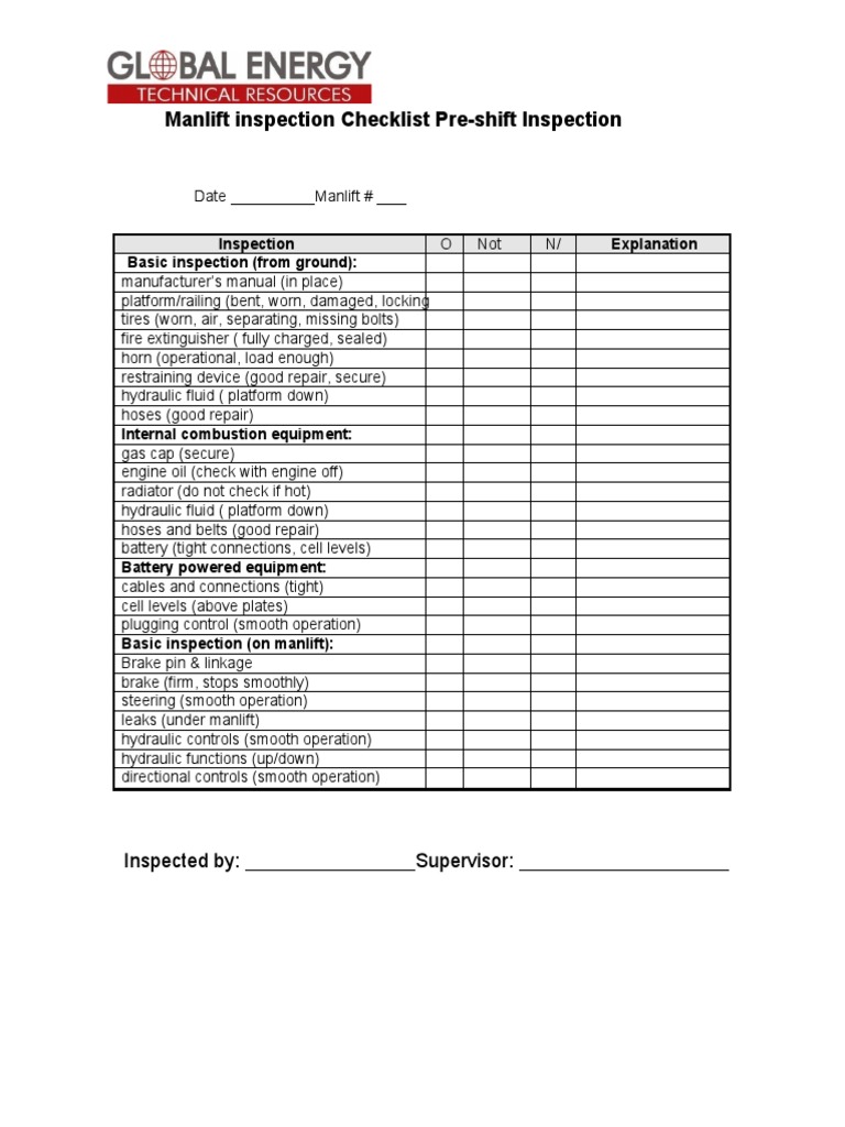 Manlift Inspection Checklist Pre-Shift Inspection: Inspection ...