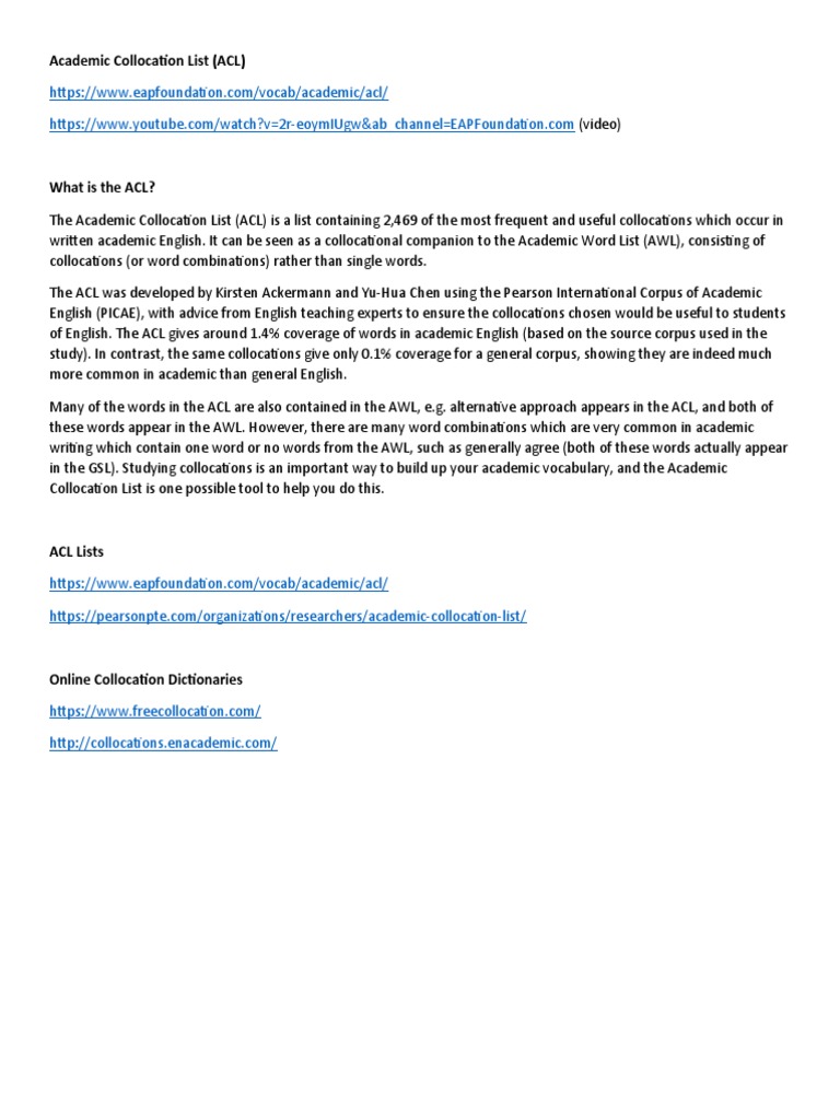 Academic Collocation List ACL | PDF | Language Arts & Discipline | Wellness