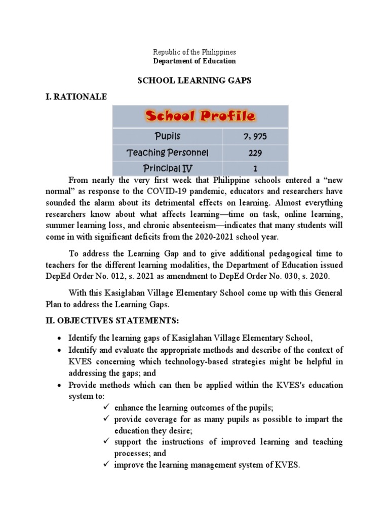 School Learning Gaps I. Rationale: Department of Education | PDF ...