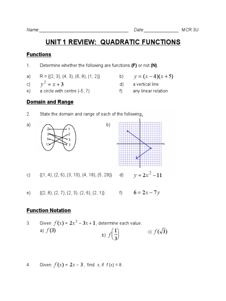 Unit 1 Review: Quadratic Functions: y X X 4 5 y X 3 | Download Free PDF ...