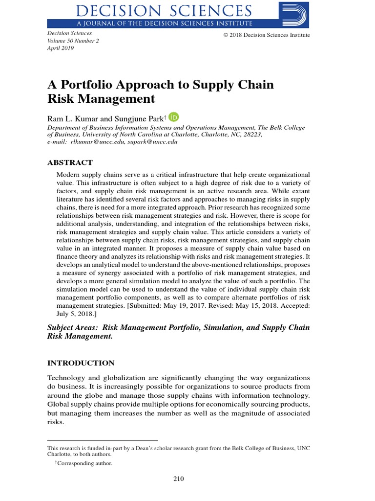 A Portfolio Approach To Supply Chain Risk Management | PDF | Risk ...
